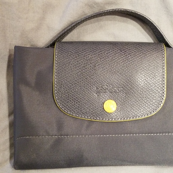 Longchamp | Bags | Longchamp Le Pliage Grey With Yellow Logo Satchel ...